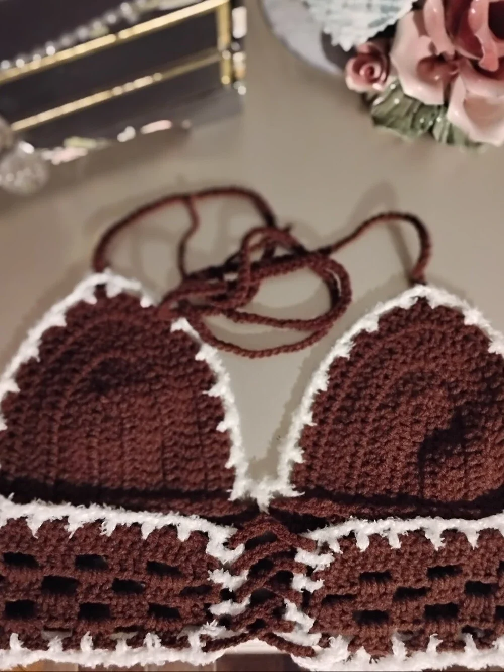 Handmade | Tops | Handmade Crocheted Halter Bralette In Deep Brown With ...